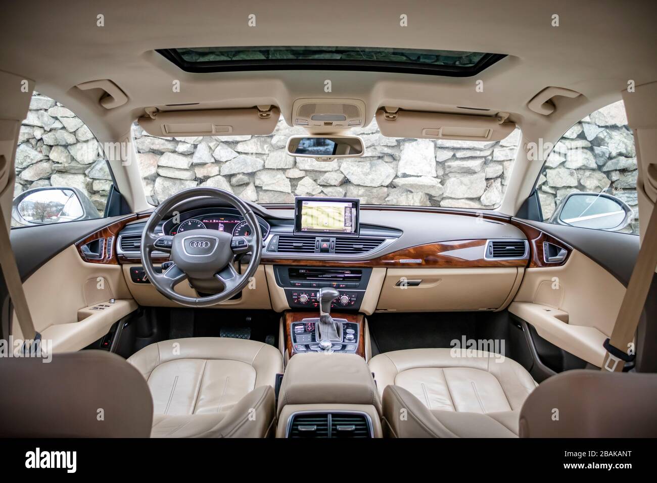 Automatic transmission gear, car interior. Automatic gear stick of a ...