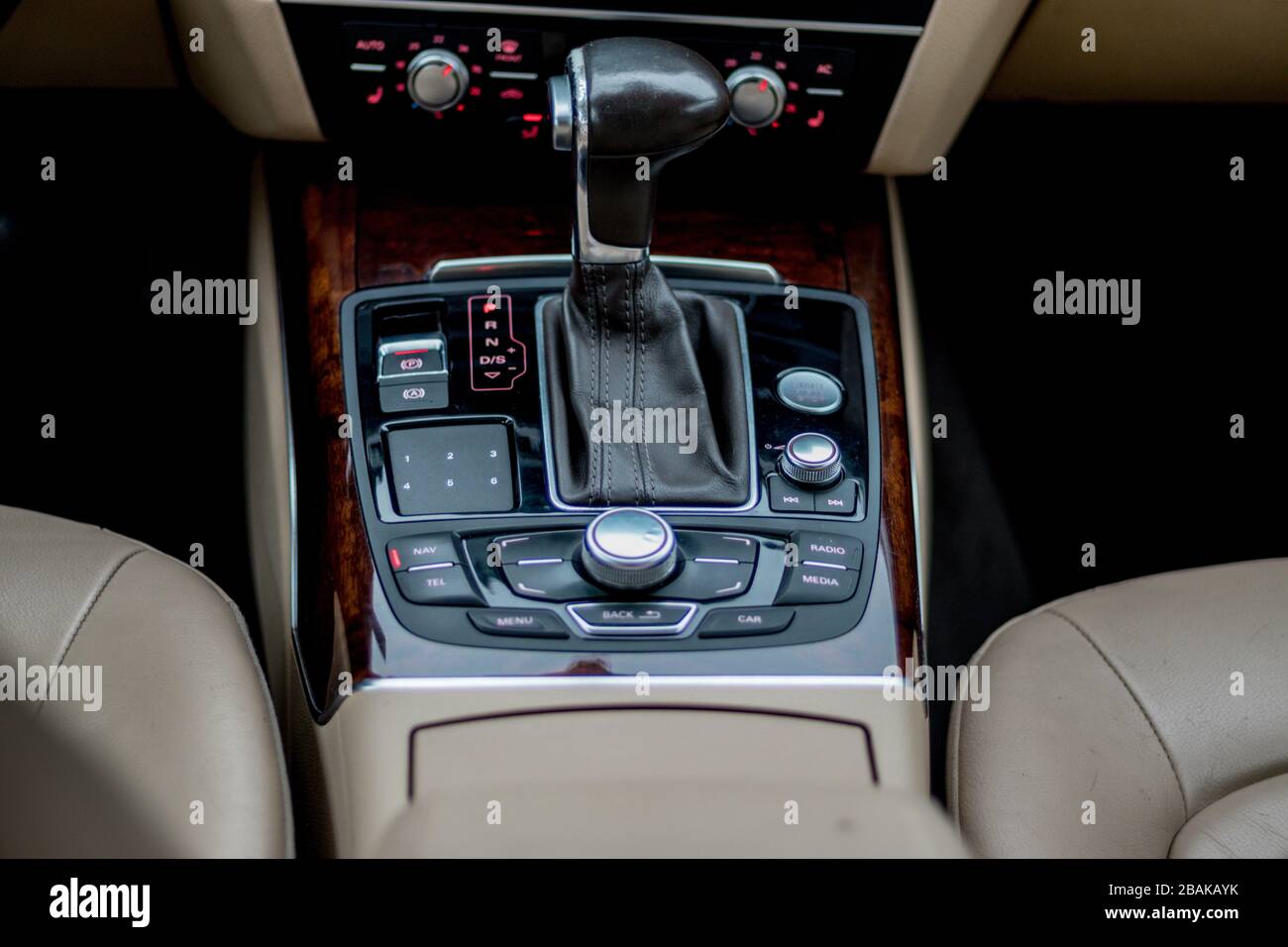 Automatic transmission gear, car interior. Automatic gear stick of a ...