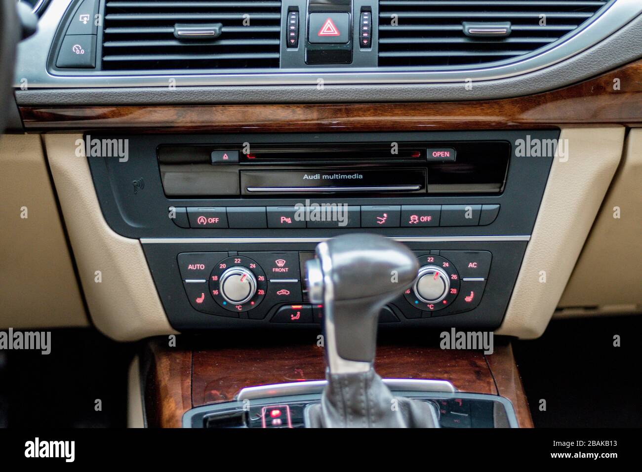 Automatic transmission gear, car interior. Automatic gear stick of a ...