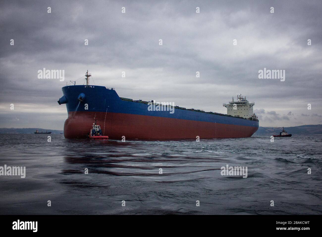 launching of renovated tanker cargo ship from dock to water Stock Photo ...