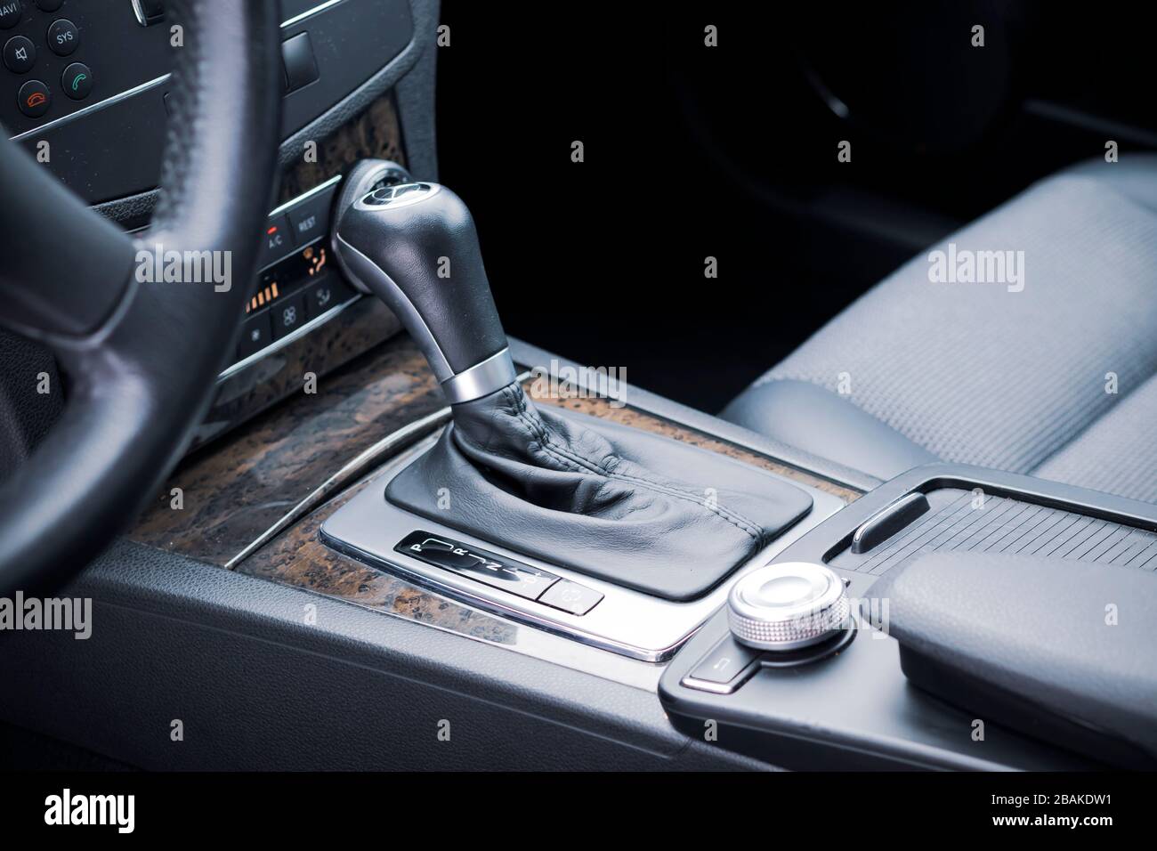 Automatic transmission gear, car interior. Automatic gear stick of a ...