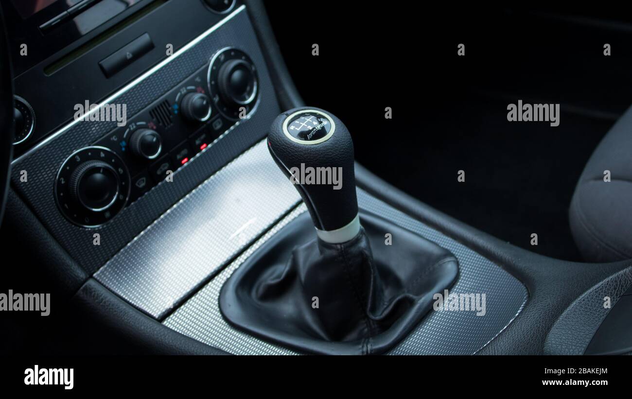 Inside car dashboard view.Detailed close-up photo of manual ...