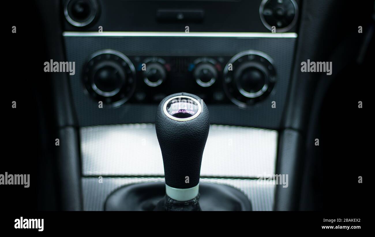 Inside car dashboard view.Detailed close-up photo of manual ...