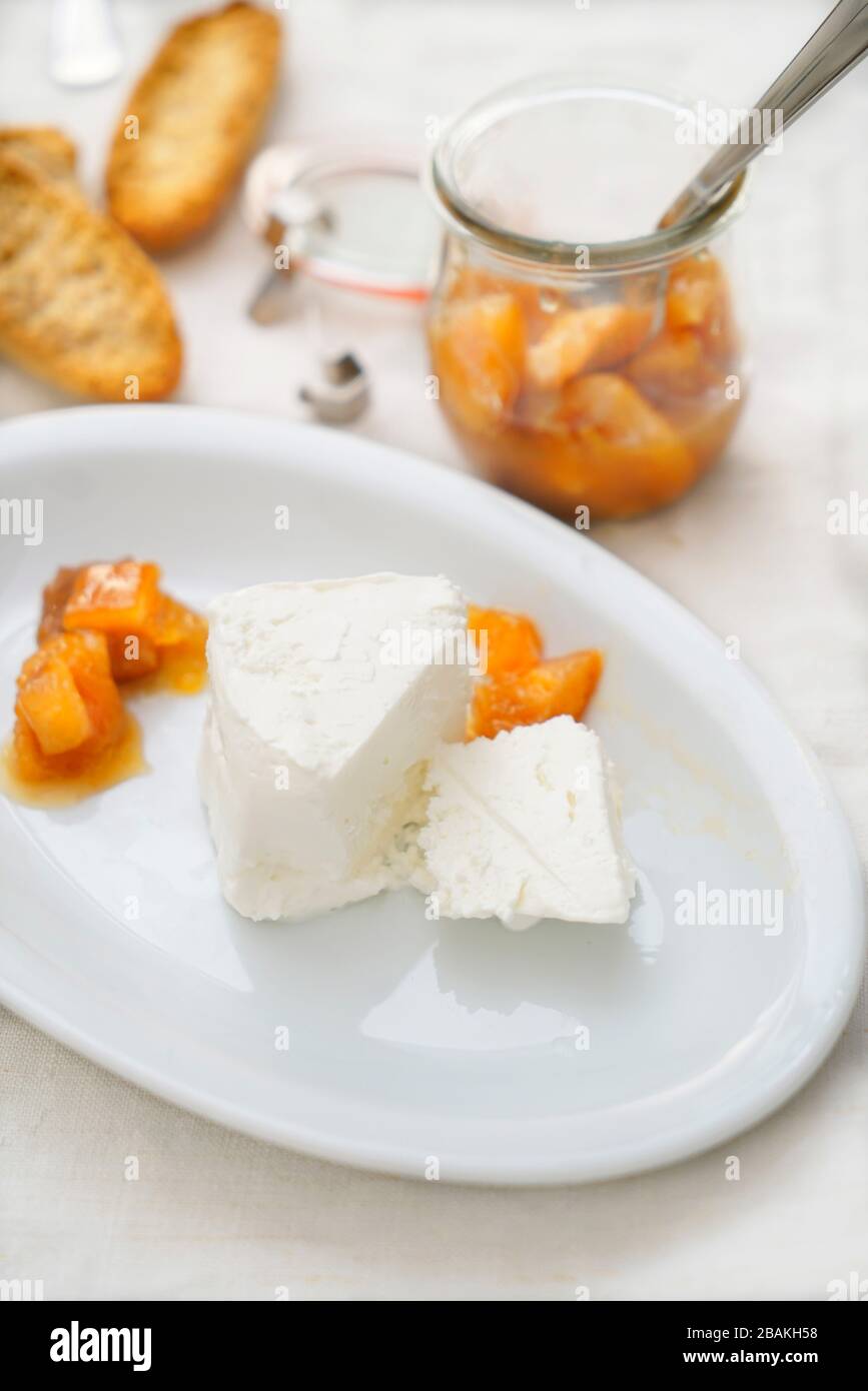 Fresh goat cheese Robiola with sicilian oranges mustard, Sicily, Italy ...