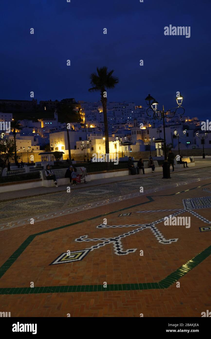 Night view of Feddane Square, Tétouan, or Tetouan city located in ...