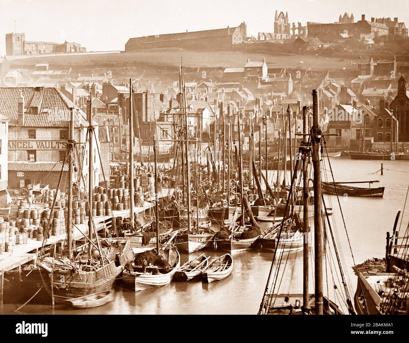 Whitby harbour and Abbey, Victorian period Stock Photo - Alamy