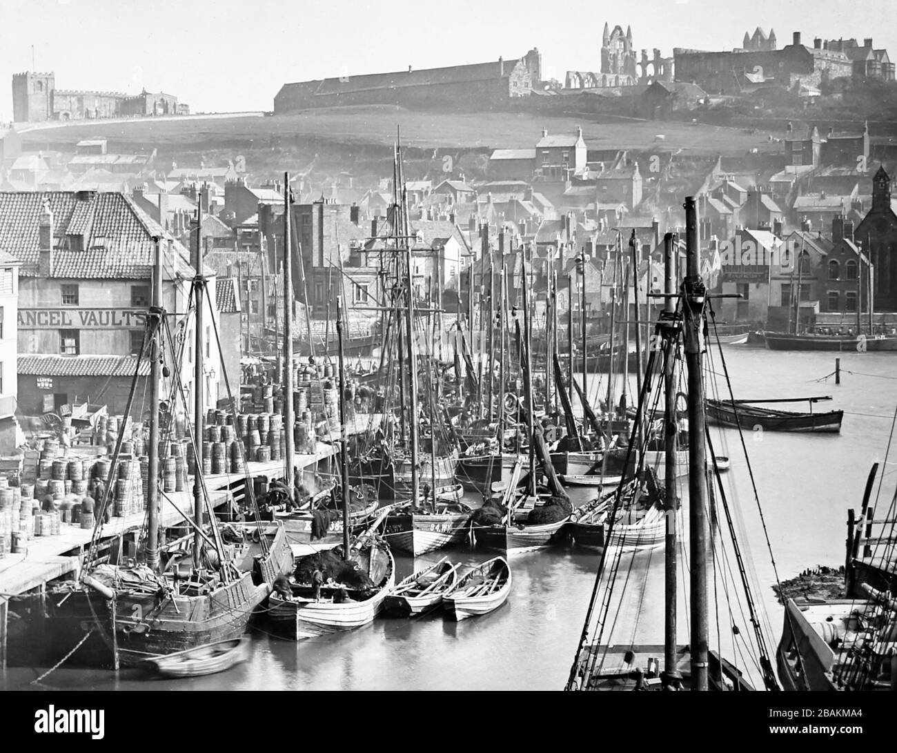 Whitby harbour and Abbey, Victorian period Stock Photo - Alamy
