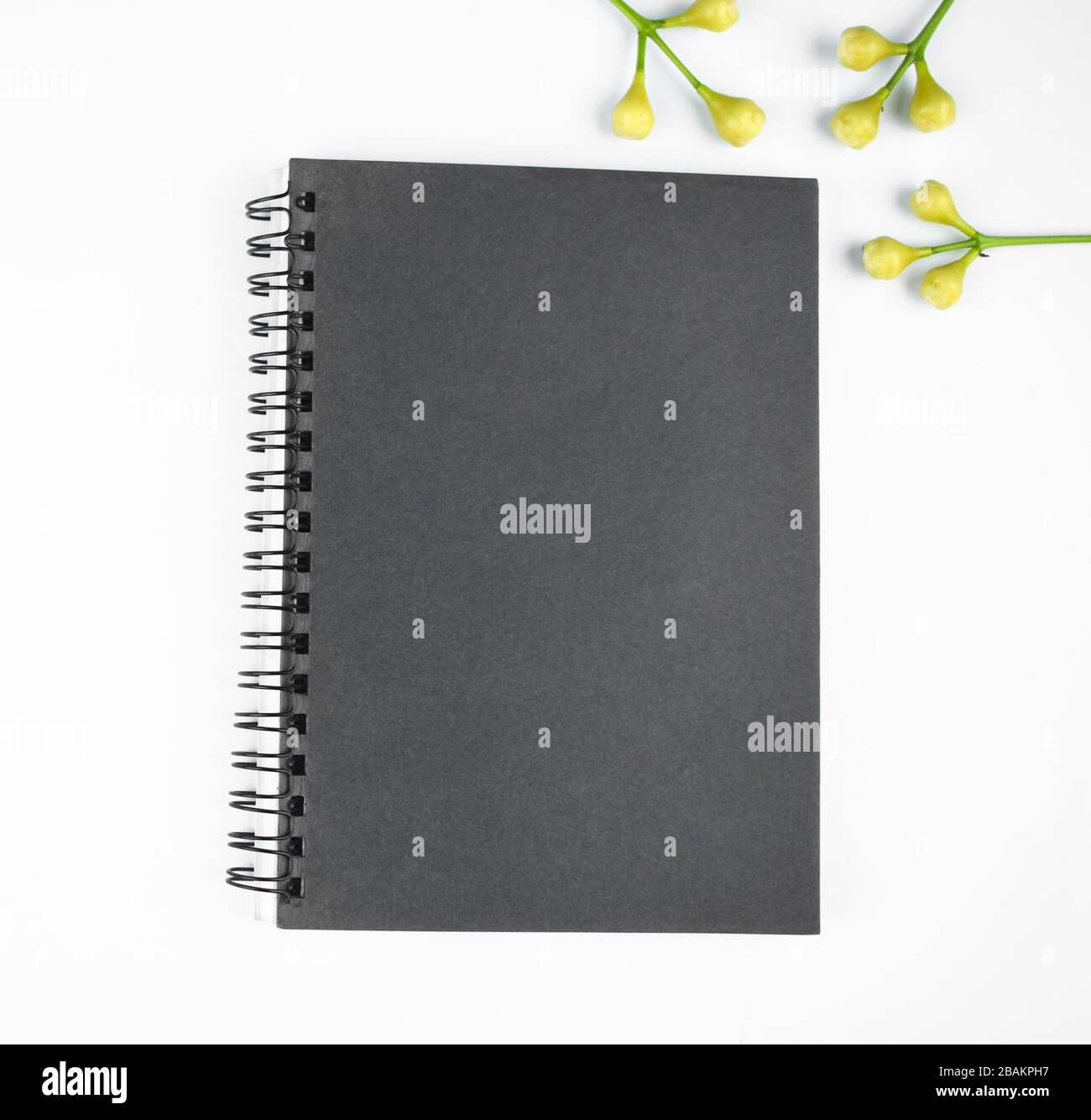 Gray colored paper diary and some small flowers before a bright white ...