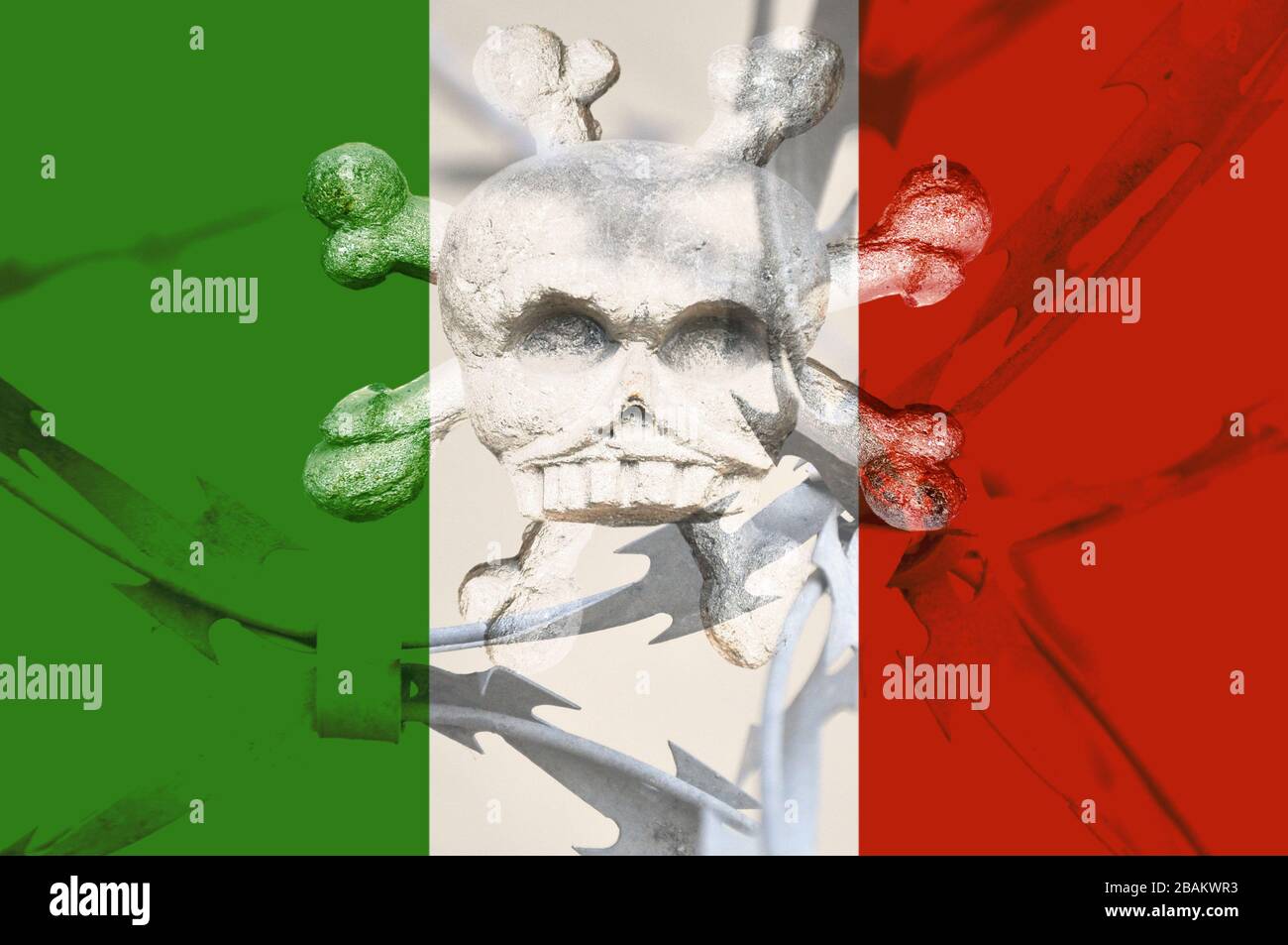 The Italian flag is interlaced with barbed wire with the abstract ...