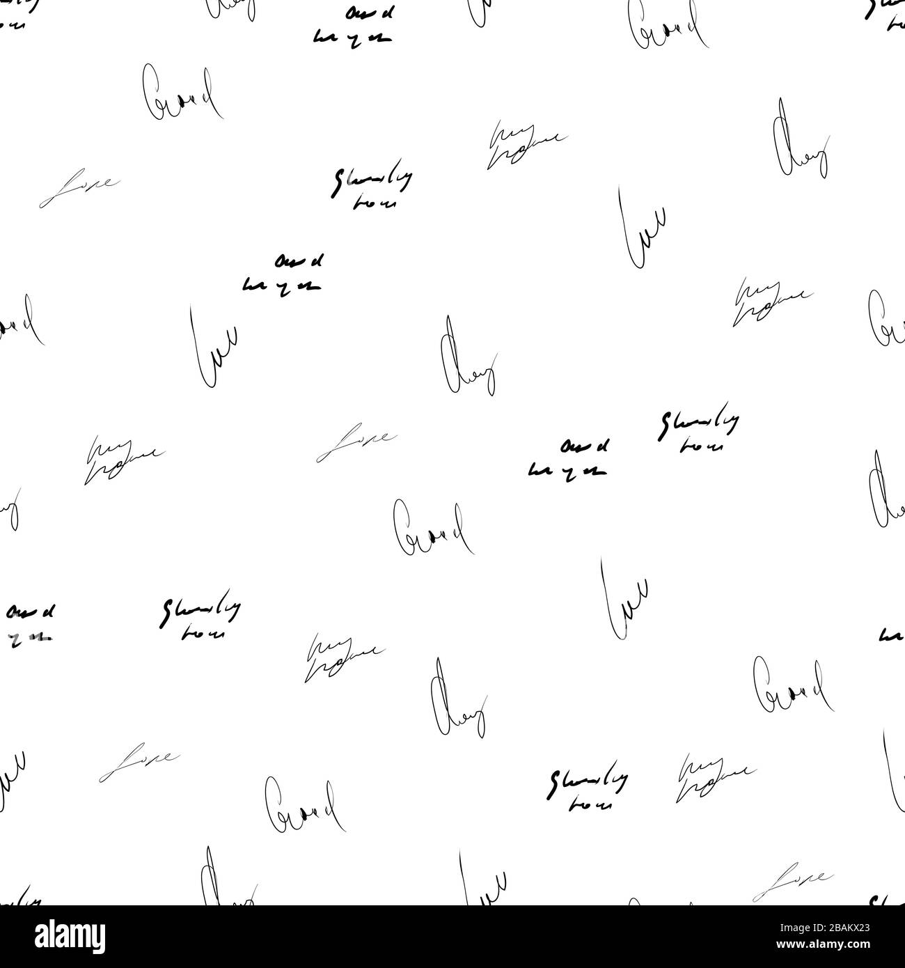 Seamless abstract text pattern. Handwritten font on a white background ...