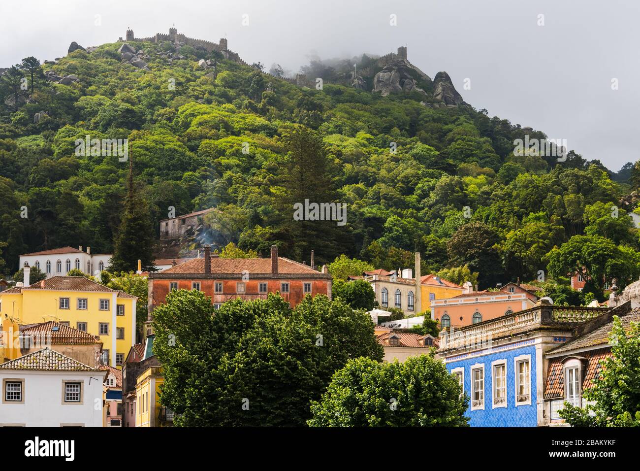 Beautiful, colorful buildings in the village of Sintra, Portugal on a ...