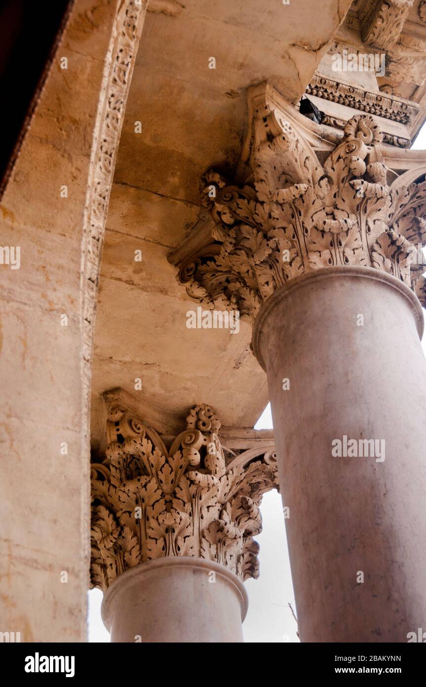 Corinthian order capitol is carved with two staggered rows of stylized ...