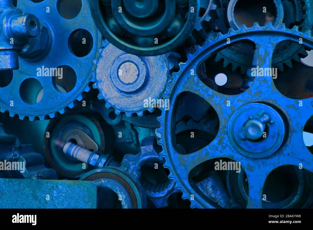 engine gear wheels, closeup view. Retro style. Trend color classic blue ...