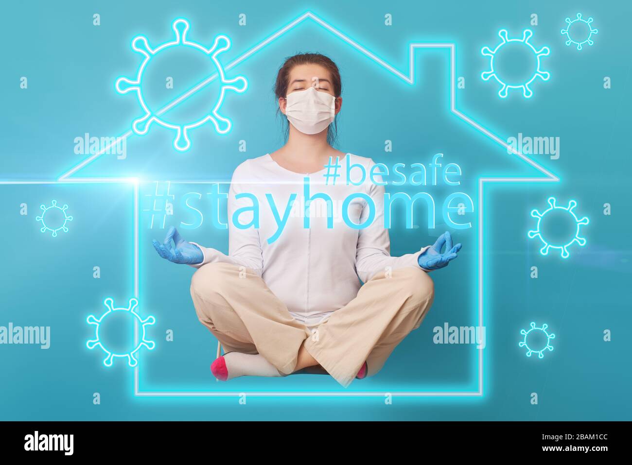 Woman levitates and relaxing in lotus pose inside symbol of house that ...