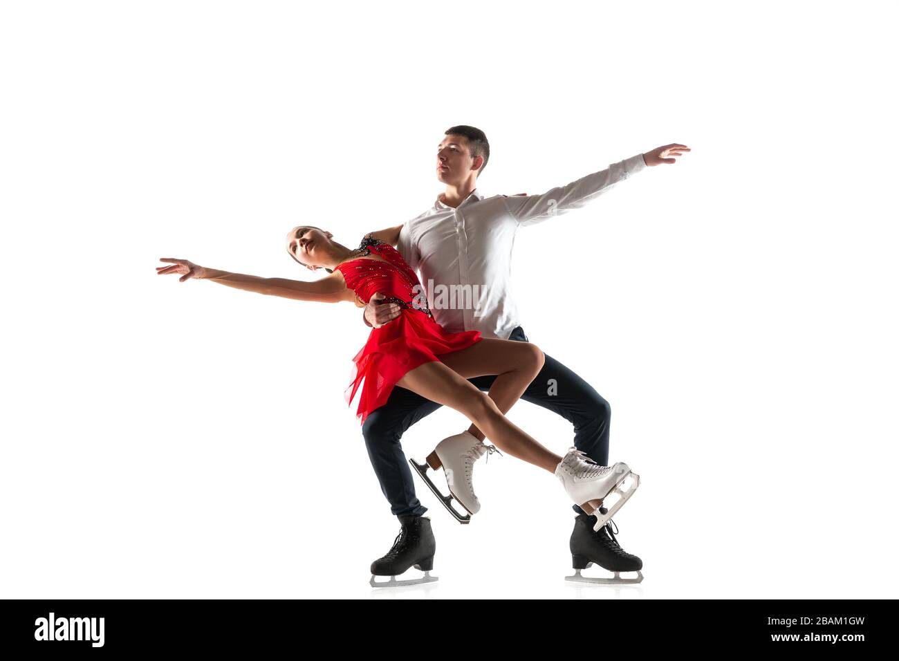 Duo figure skating isolated on white studio backgound with copyspace ...