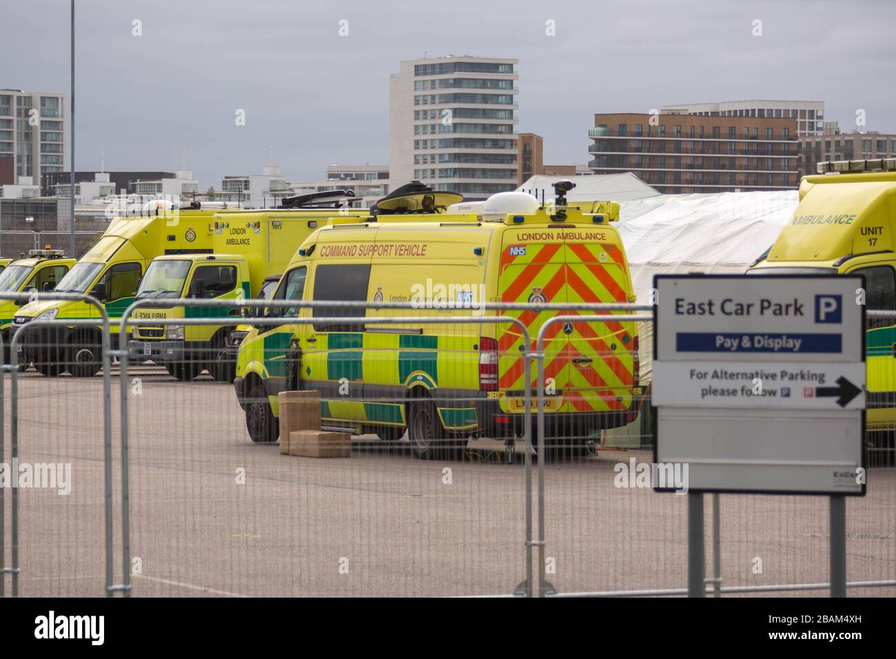 London, UK. 28th Mar, 2020. London Ambulance Service vehicles ...