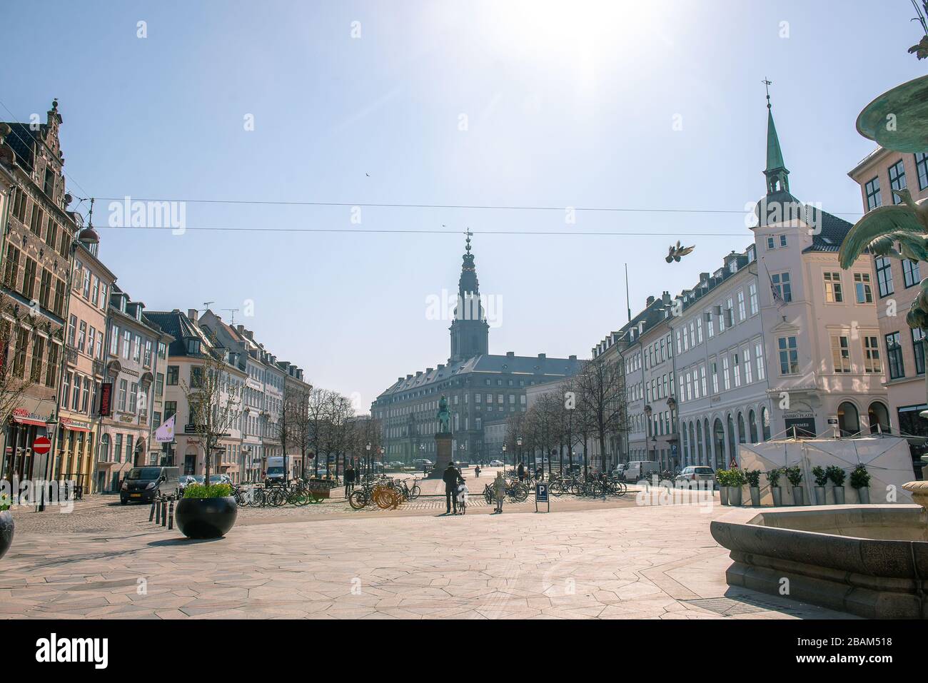 Empty streets of Copenhagen's busiest shopping street with the Danish ...