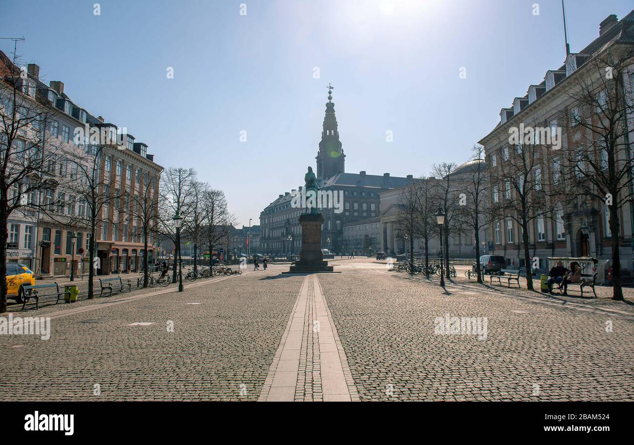 Empty streets of Copenhagen's busiest shopping street with the Danish ...