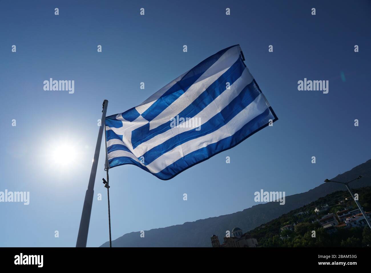 Greek flag waving on the ship, Greece, Europe Stock Photo - Alamy