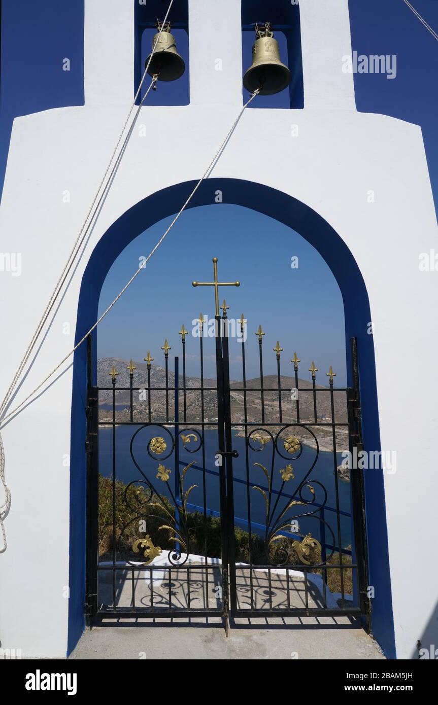 Gate of Panagiá church, Fourni island, Dodecanese, Greece, Europe Stock ...