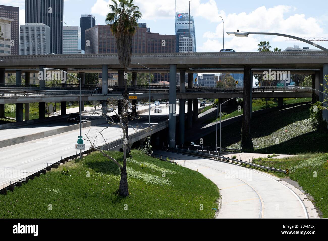 Los Angeles, CA/USA - March 25, 2020: The four level interchange of the ...