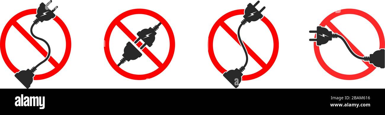 Electric cord is ban. Extension cord ban. Set of red vector danger ...