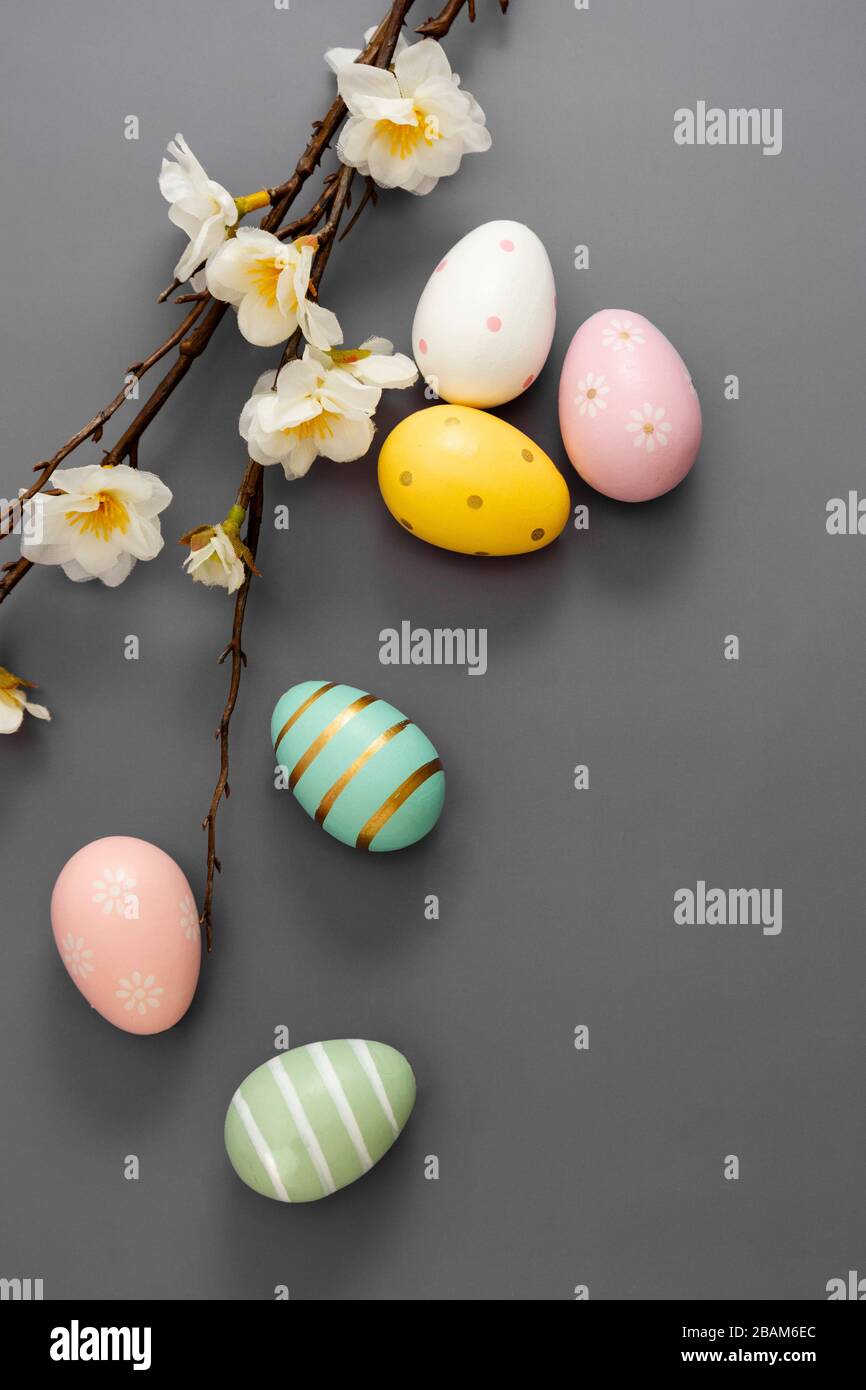 Minimalistic easter background with eggs and branch with flowers. Top ...