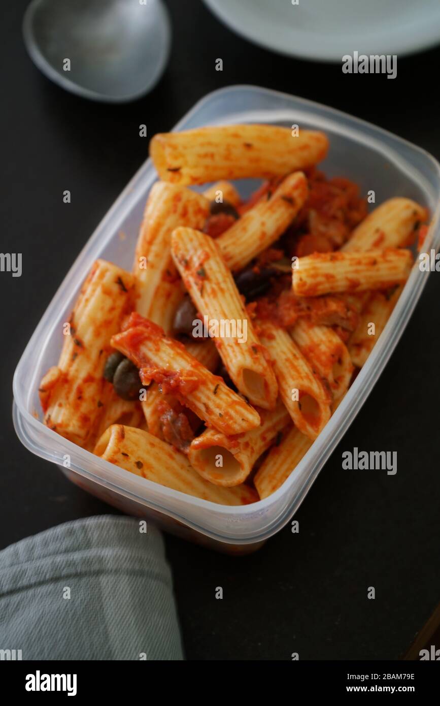 Pennette and maccheroni pasta seasoned with Pachino tomato, Pantelleria ...