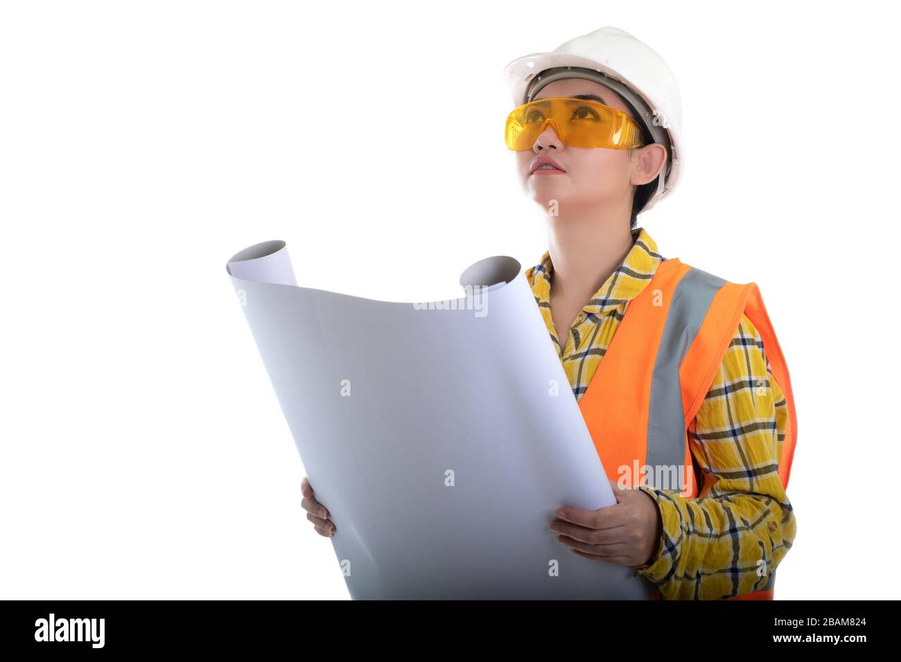 Portrait beautiful young Asia woman civil engineer holding plan drawing ...