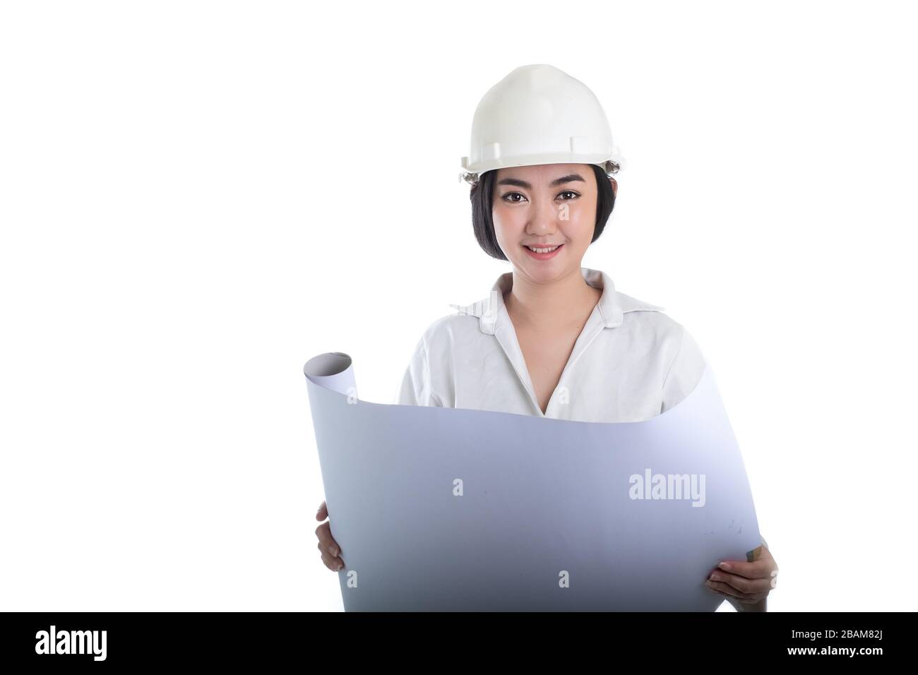 Portrait beautiful young Asia woman civil engineer holding plan drawing ...
