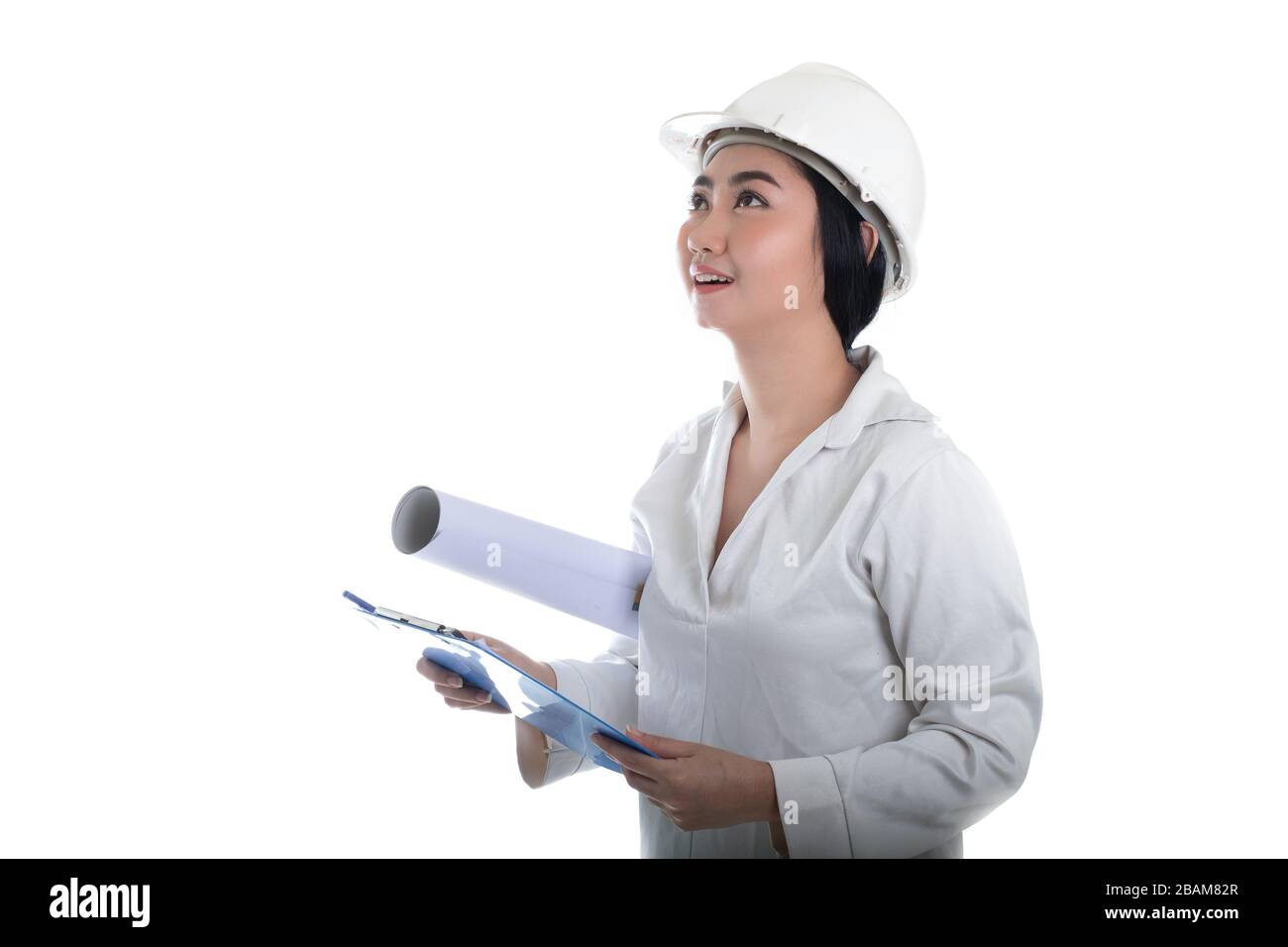 Portrait beautiful young Asia woman civil engineer holding plan drawing ...