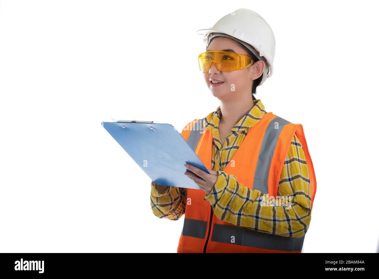 Portrait beautiful young Asia woman civil engineer holding plan drawing ...