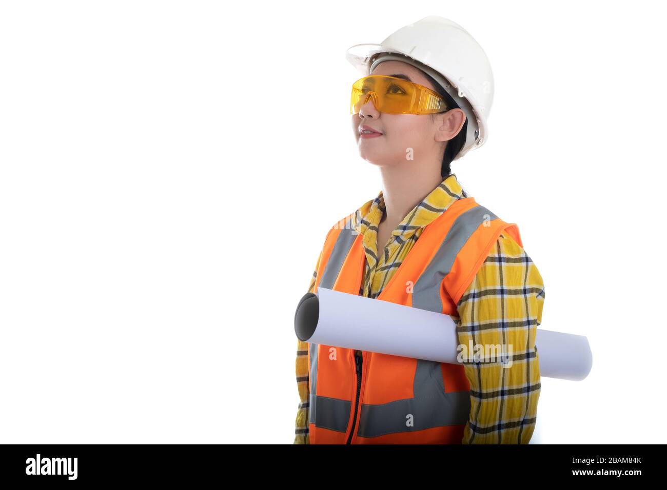 Portrait beautiful young Asia woman civil engineer holding plan drawing ...