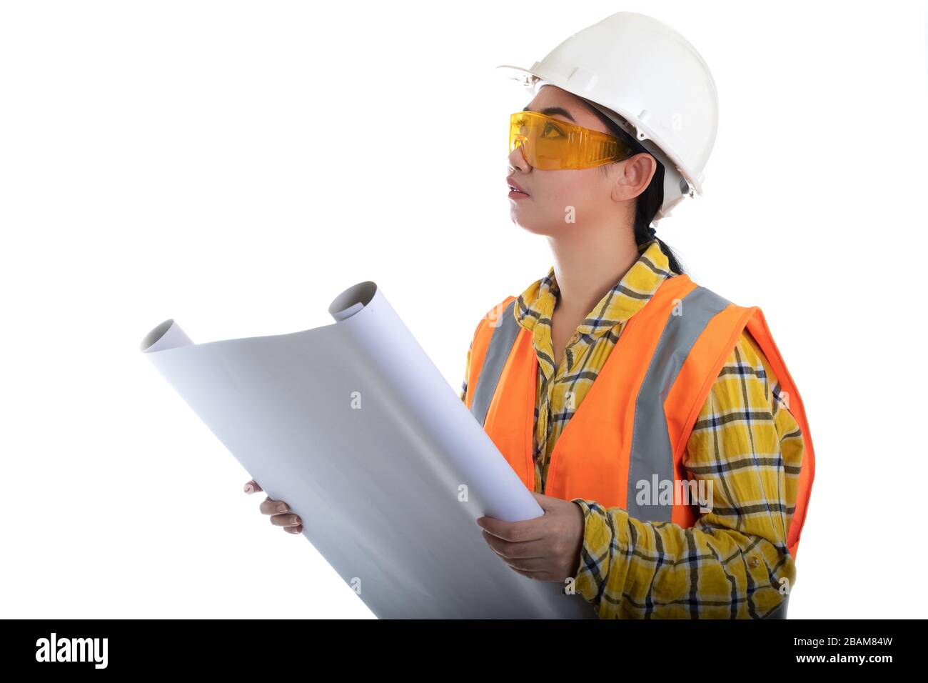 Portrait beautiful young Asia woman civil engineer holding plan drawing ...