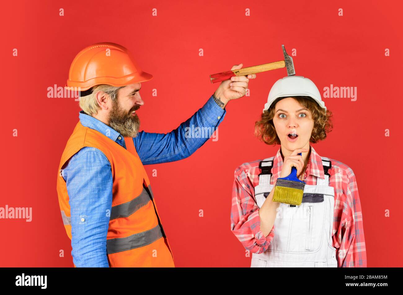 Clearly explain. Intelligibly concept. Couple renovating apartment ...