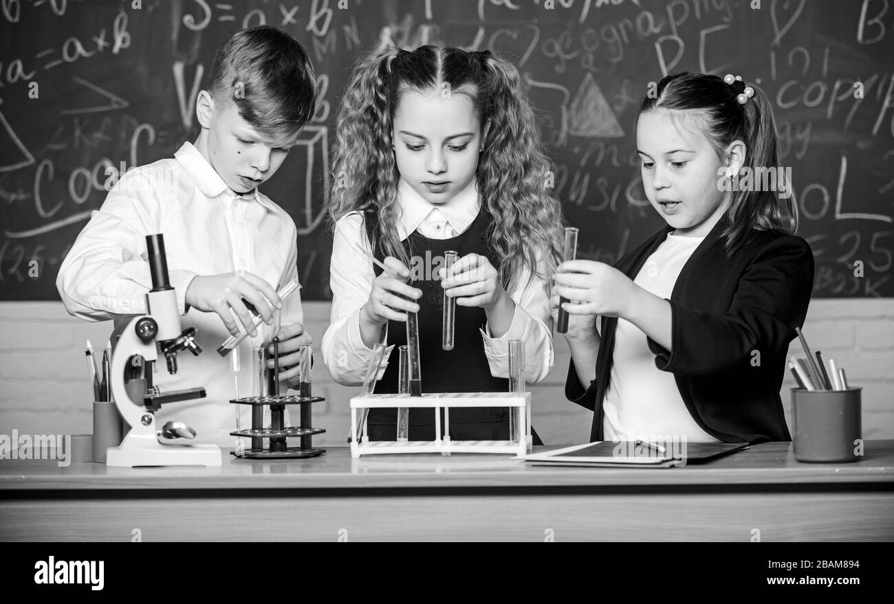 Formal education. School laboratory. Group school pupils study chemical ...