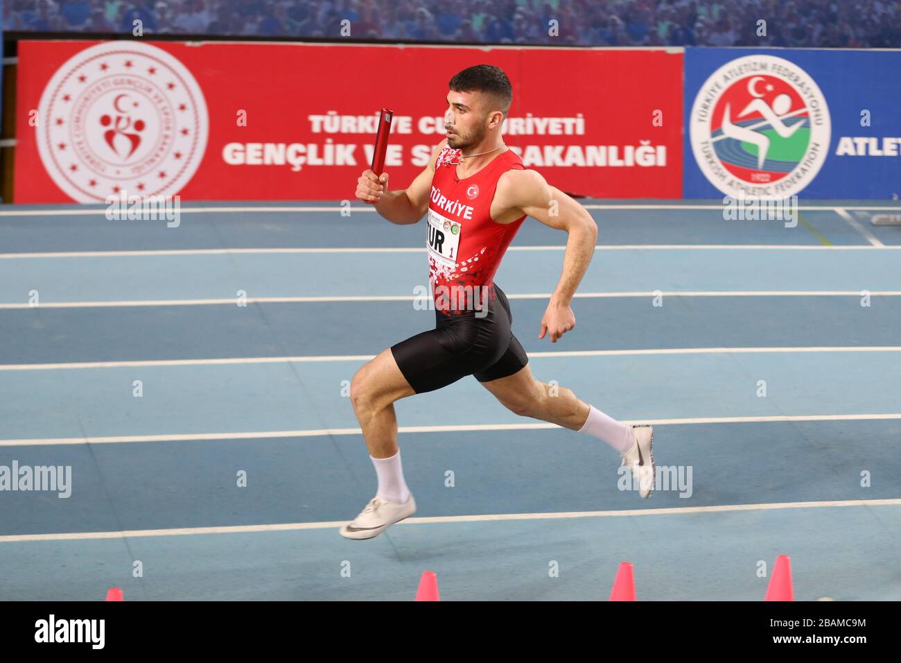 ISTANBUL, TURKEY - FEBRUARY 15, 2020: Undefined athlete running 4x400 ...