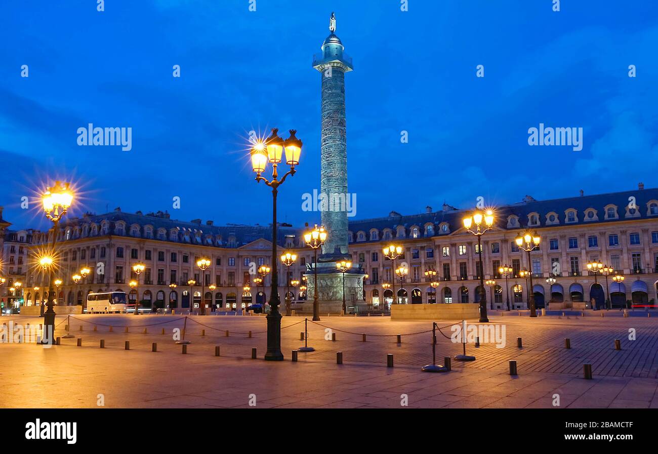 The Vendome column , the Place Vendome at night, Paris, France Stock ...
