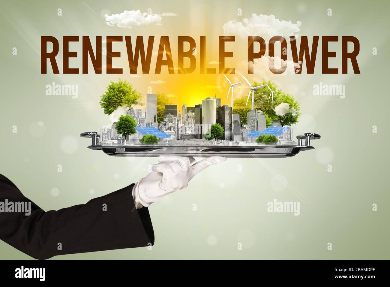 Waiter serving eco city with RENEWABLE POWER inscription, renewabke ...