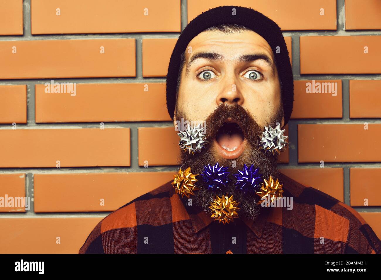 Bearded man, long beard. Brutal caucasian surprised hipster with ...