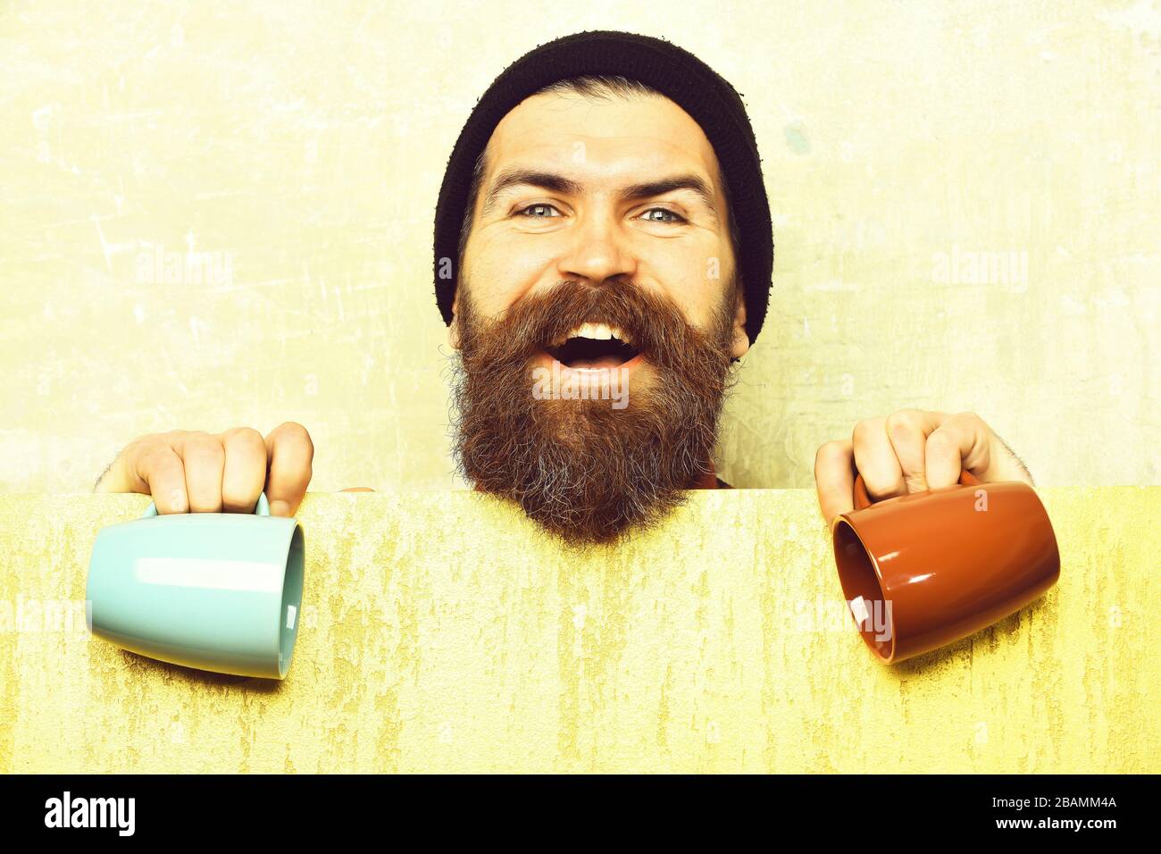 Bearded man, long beard. Brutal caucasian smiling happy unshaven ...