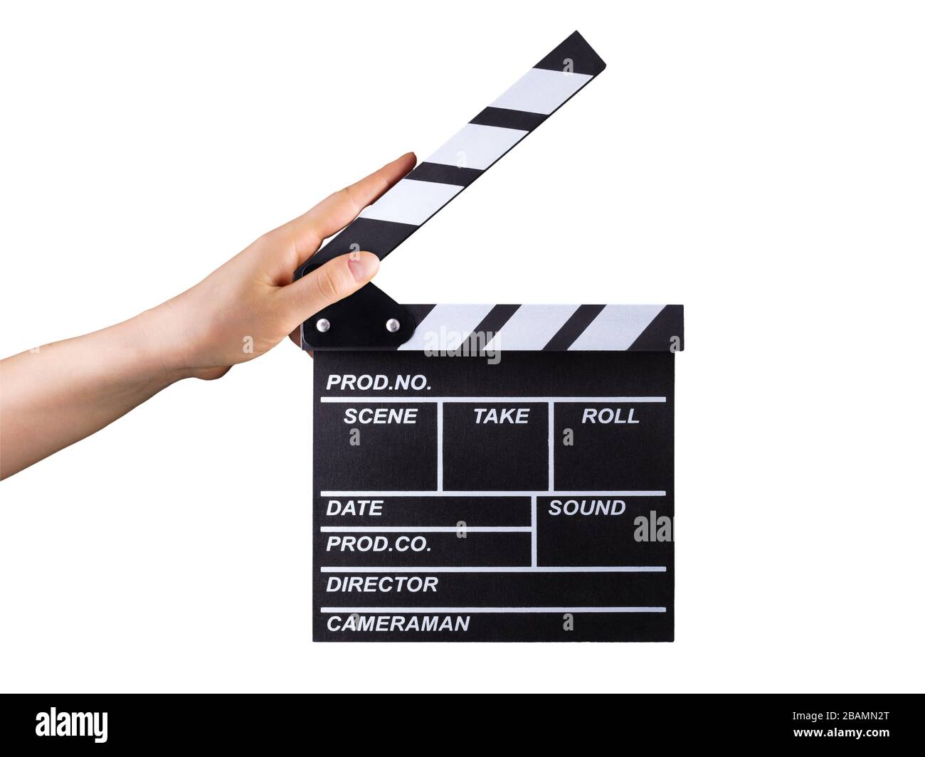 Human hand holding fiilm clapper board isolated on white background ...