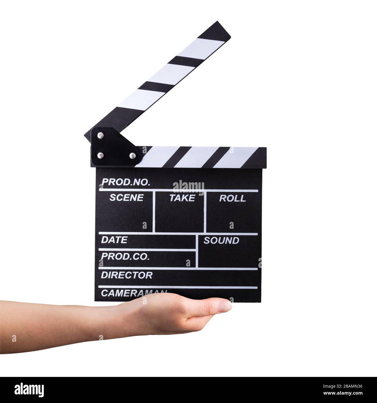 Human hand holding fiilm clapper board isolated on white background ...