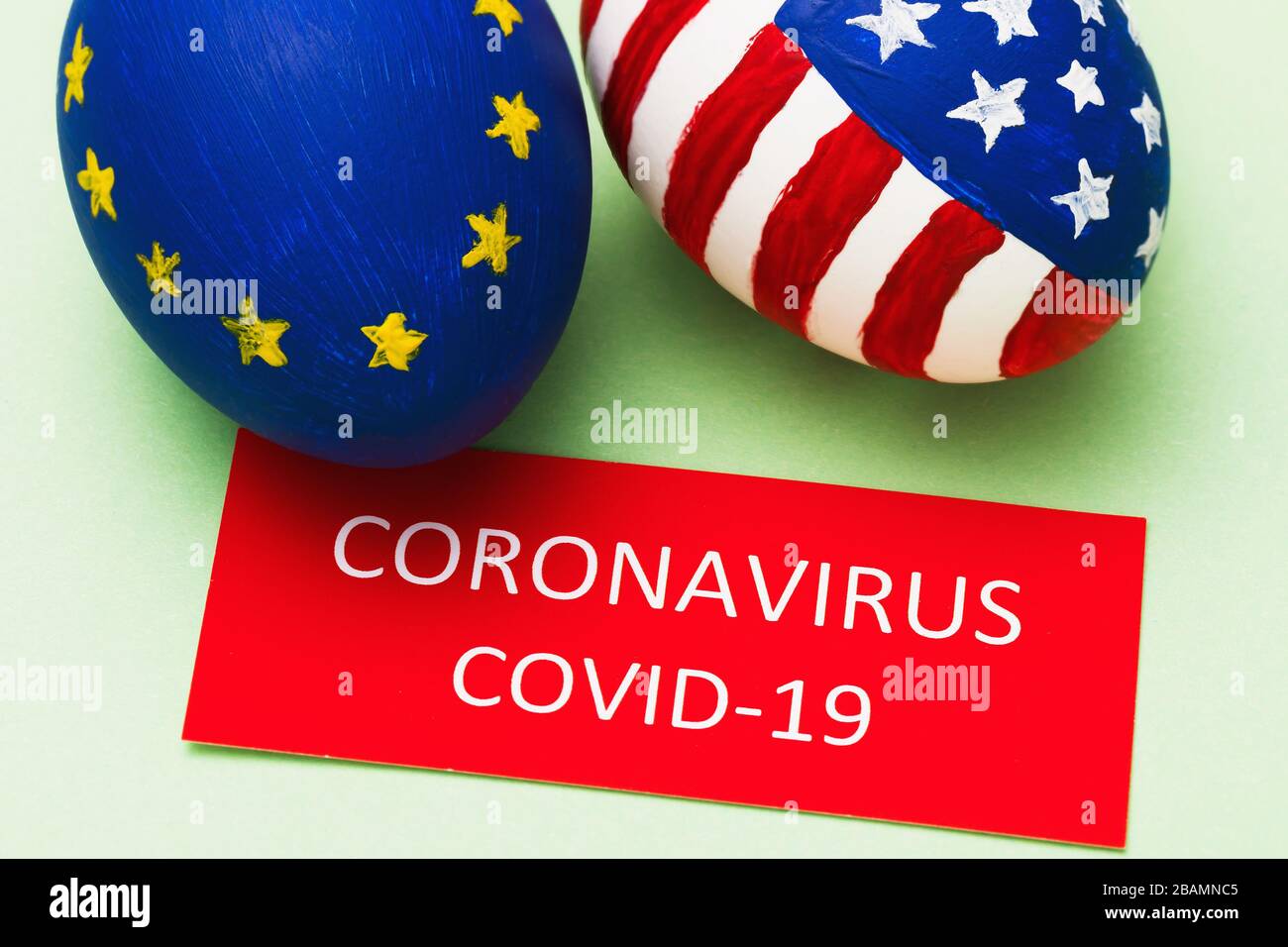 Chicken eggs are painted in the colors of the flags of America and the ...