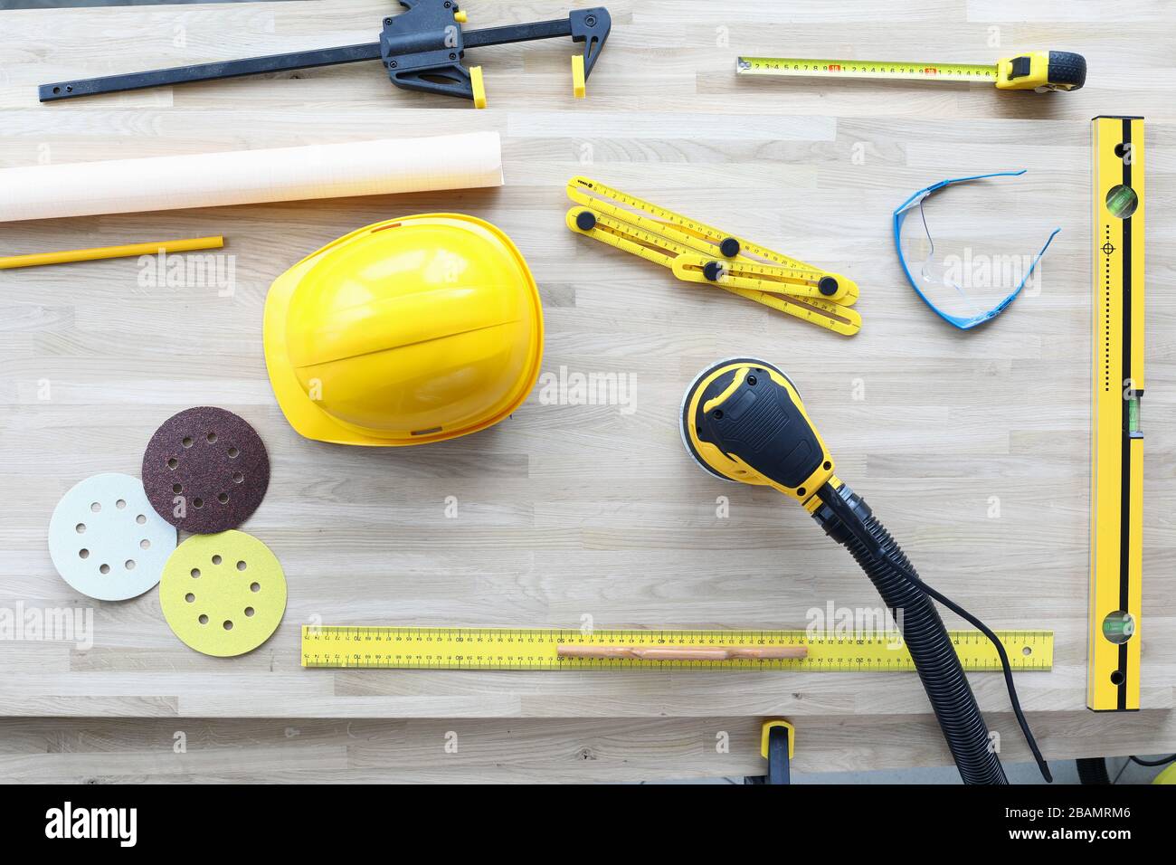 Carpenter work tools on desk Stock Photo - Alamy