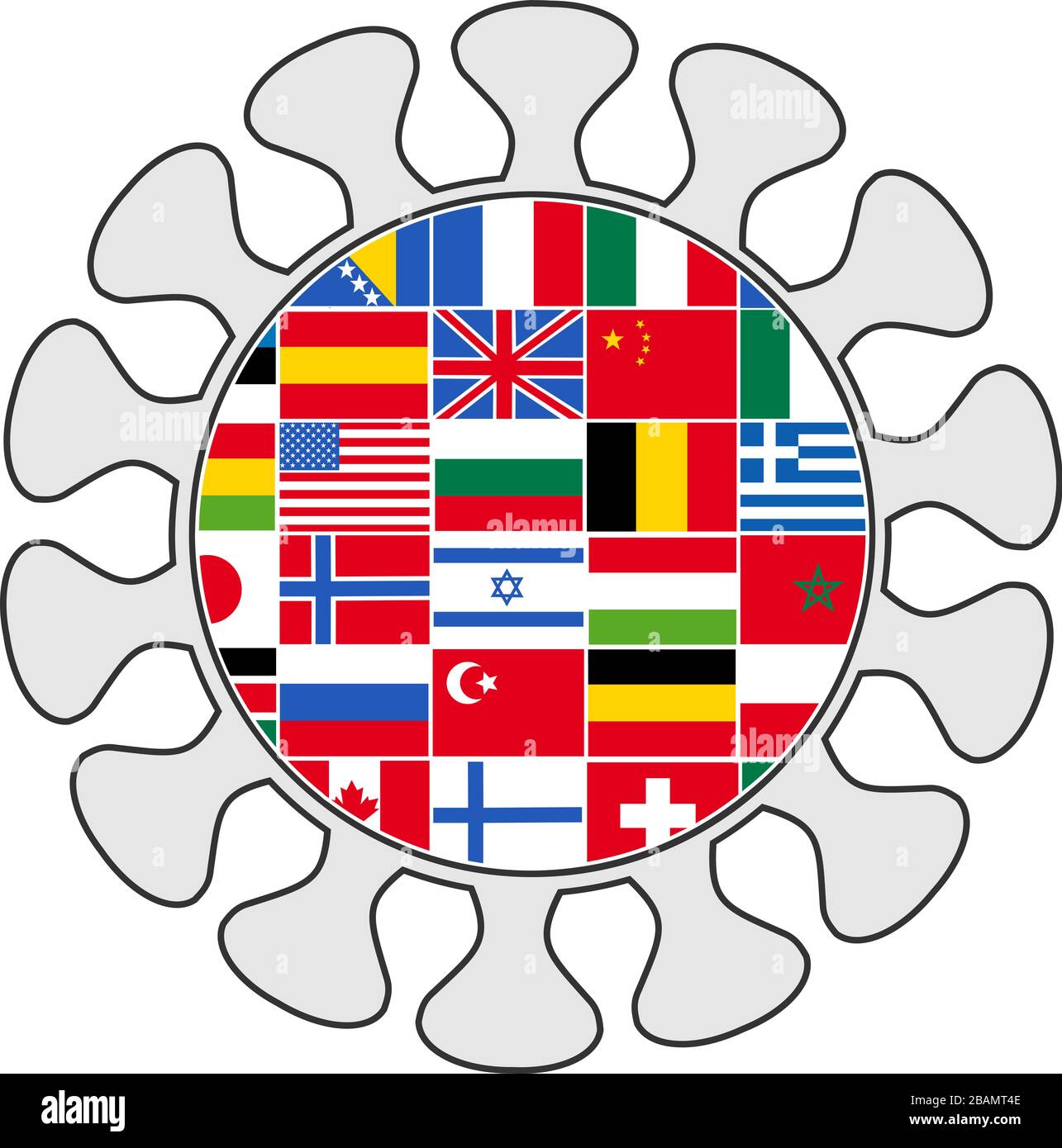 Illustration of a virus with world flags in the middle Stock Photo - Alamy