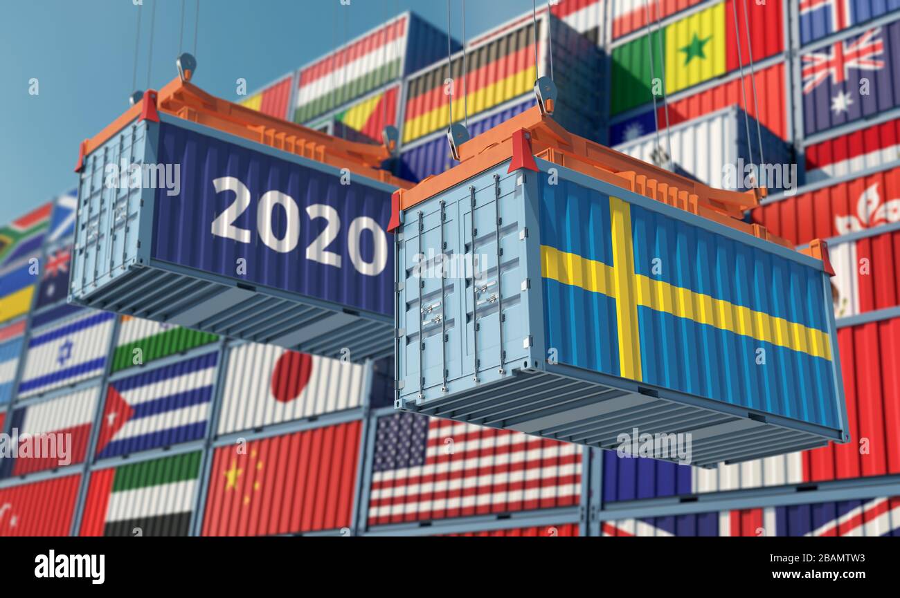 Trading 2020. Freight container with Sweden flag. 3D Rendering Stock ...