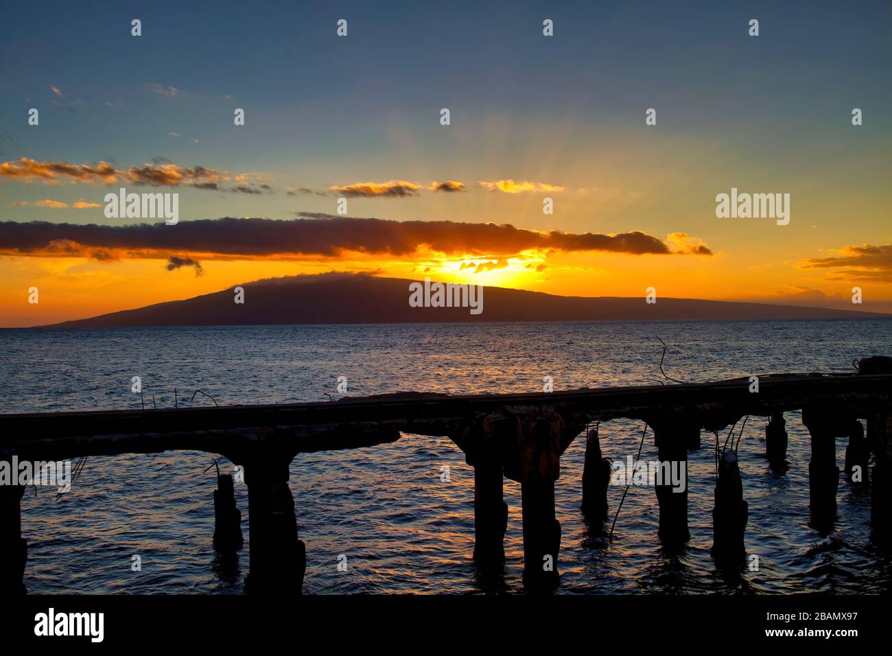 Sunset view of Mala pier and Lanai from Maui Stock Photo - Alamy