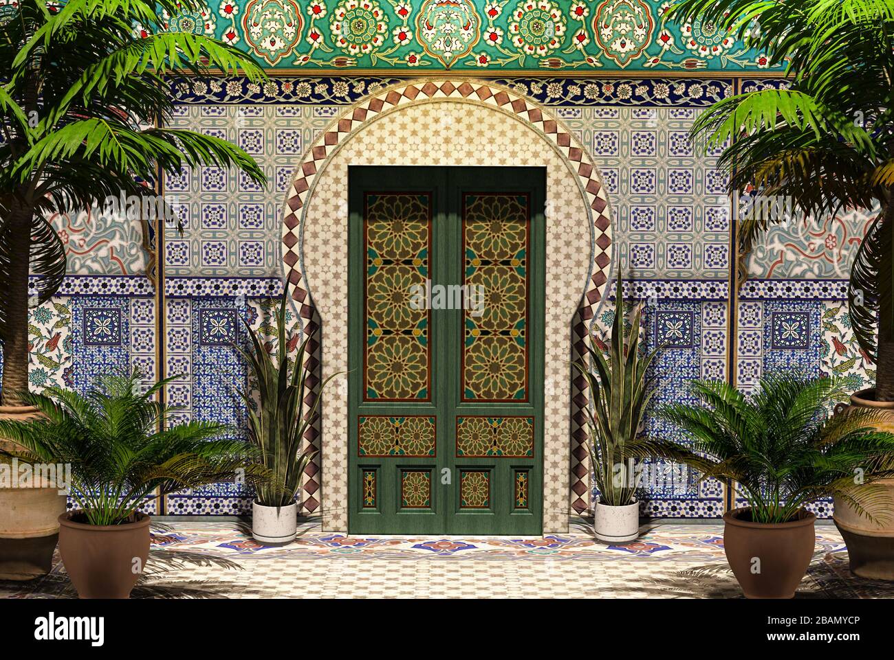 3D rendering of an traditional Arabic home facade with a front door ...