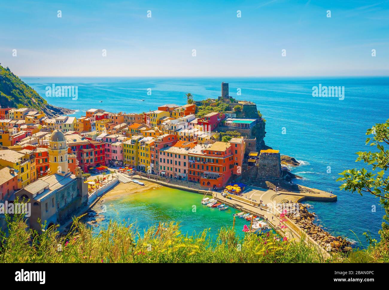 Cityscape of Vernazza, one of five villages at famous Cinque Terre of ...